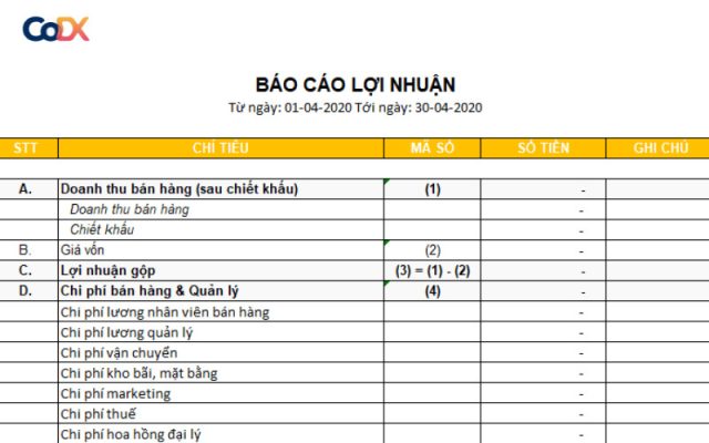 Bảng tính doanh thu chi phí lợi nhuận bằng Excel mới nhất 2023