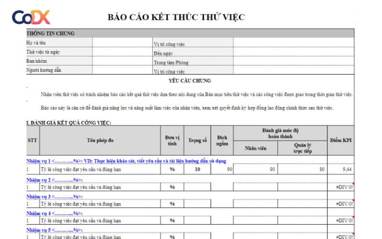 Mẫu báo cáo thử việc file word/excel có sẵn MIỄN PHÍ từ CoDX