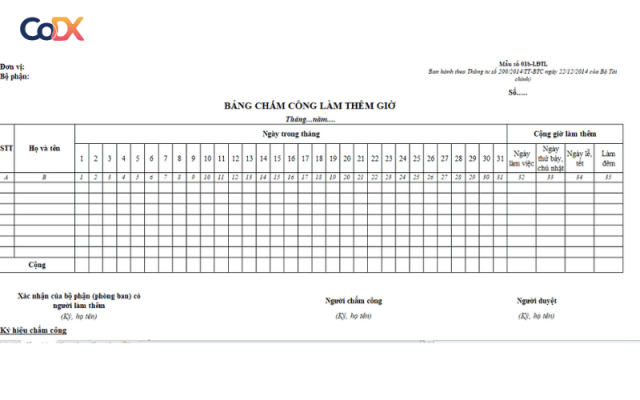 Mẫu bảng chấm công làm thêm giờ Excel mới nhất theo TT 200 & 133